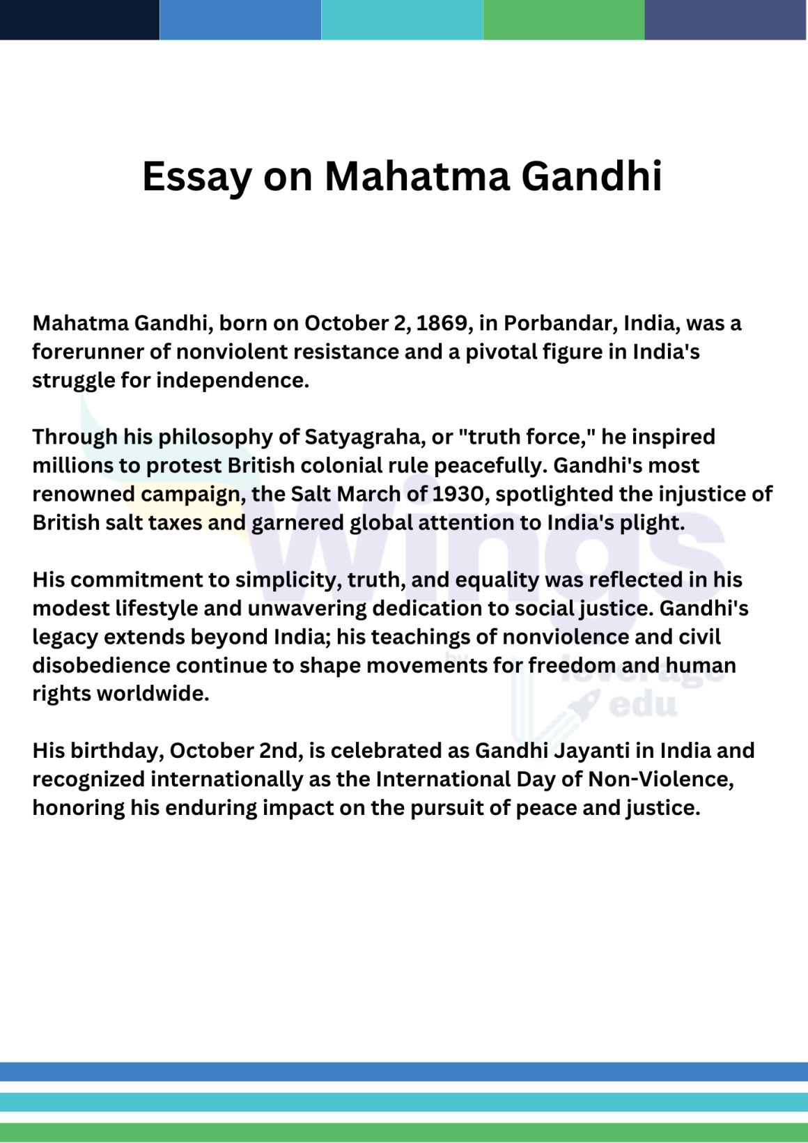 Essay on Mahatma Gandhi - 200, 400, 600 Words | Leverage Edu